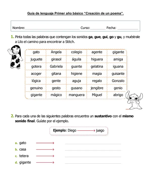 Guía 1°año "Creación poema, rima, sílabas Ga-Gue-Gui-Go-Gu" | profe.social