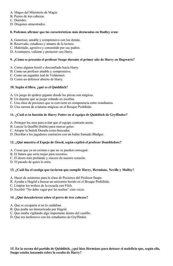 Evaluación Harry Potter y la piedra filosofal | profe.social
