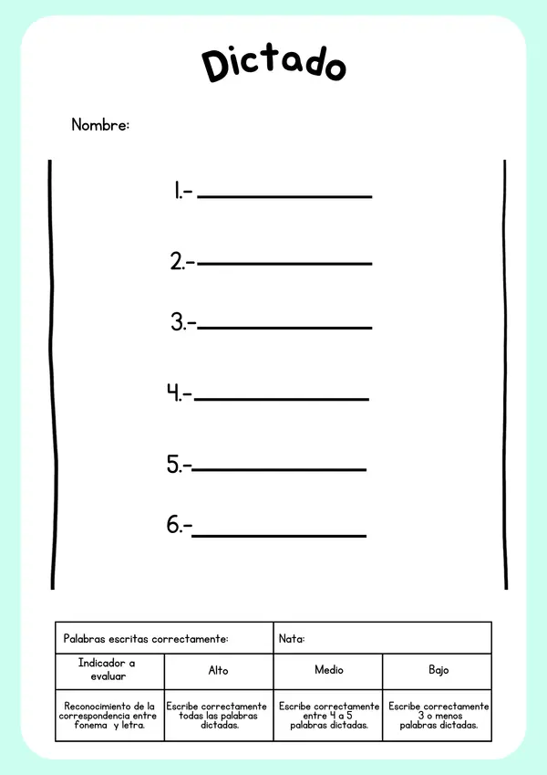 LENGUAJE: Plantilla para dictado de palabras (6 palabras) | profe.social