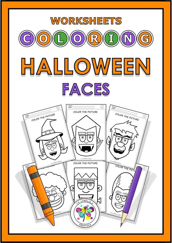 Worksheets coloring faces halloween characters october BW | profe.social