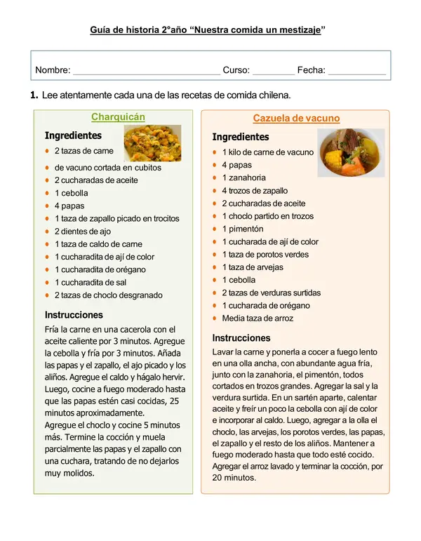 Guía de historia 2° año "Nuestra comida un mestizaje" | profe.social