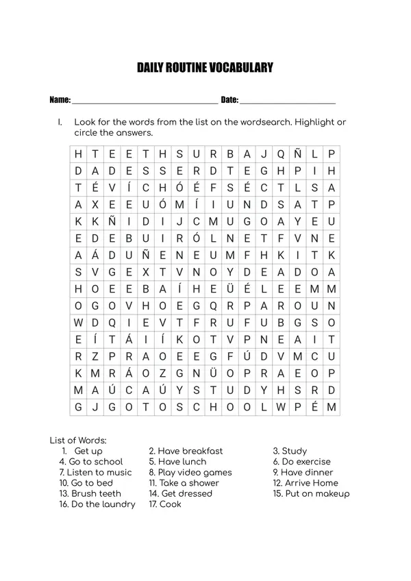 Daily Routine Vocabulary Worksheet | profe.social