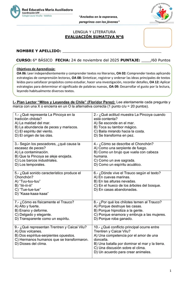 Evaluación Comprensión Lectora Textos Informativos, Plan Lector "Mitos ...