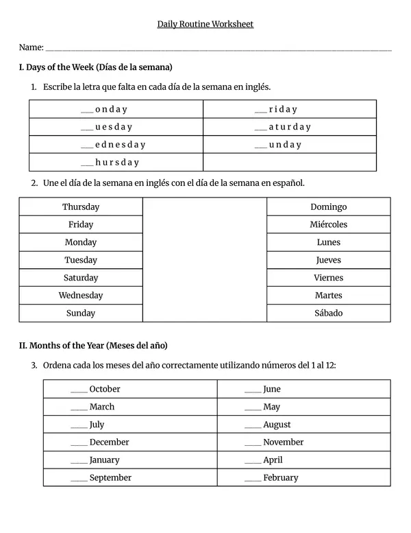 Daily Routines Worksheet | profe.social