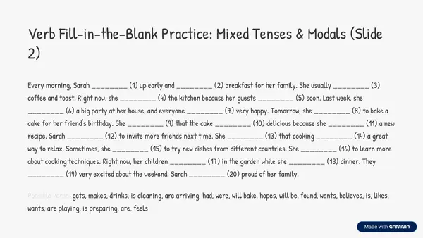 Verb Fill - in - the - blank practice: Mixed Tenses and Modals | profe ...