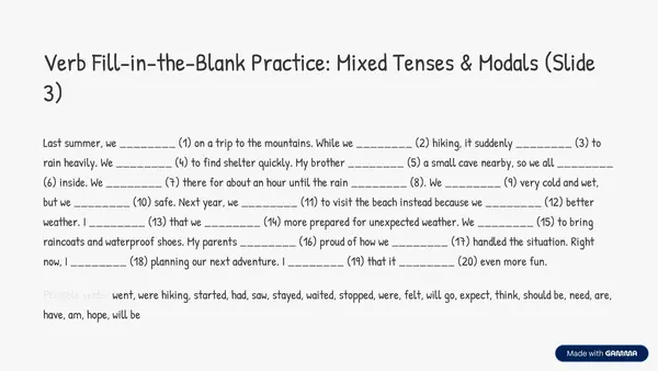 Verb Fill - in - the - blank practice: Mixed Tenses and Modals | profe ...