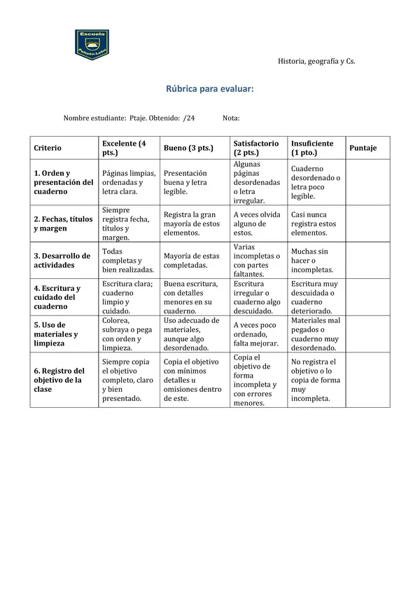 Rúbrica para evaluar cuadernos. | profe.social