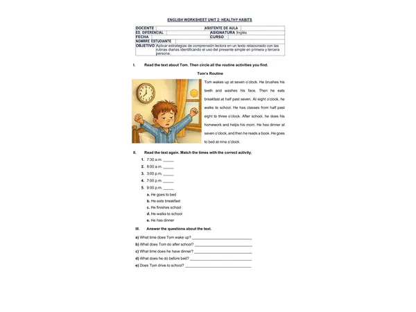 DAILY ROUTINES WORKSHEET 7° GRADE | profe.social