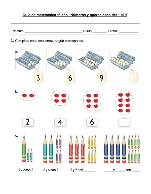 Guía de matemática 1° año "Números y operaciones del 1 al 9" | profe.social