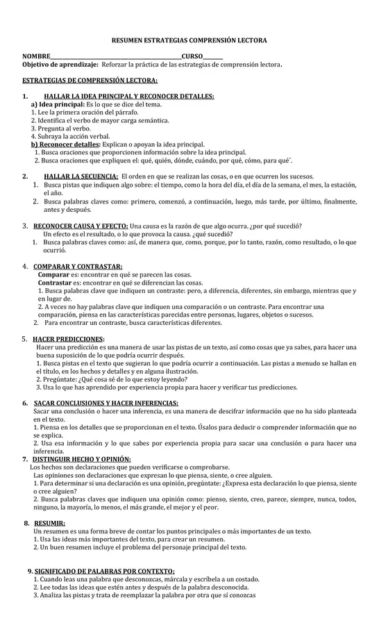 Resumen estrategias de comprensión lectora | profe.social