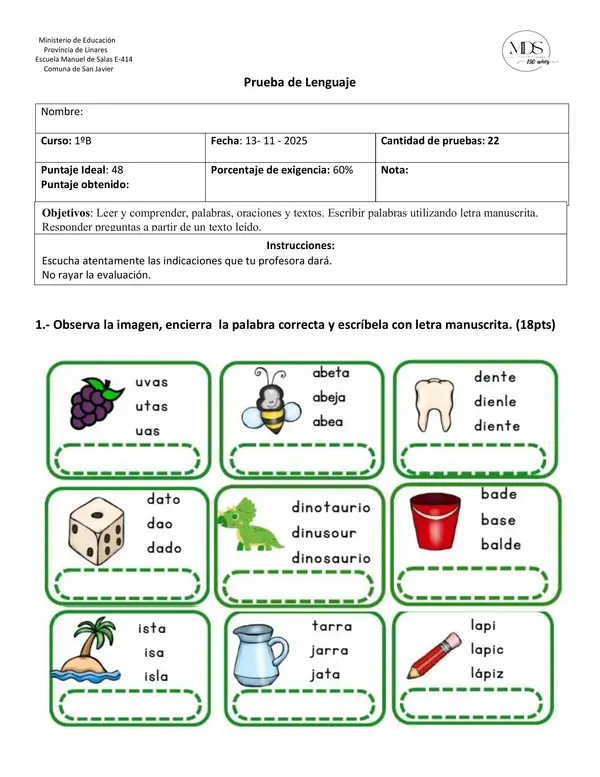 Prueba comprensión lectora 1° básico | profe.social